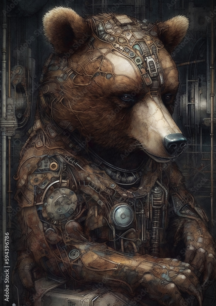 Illustration of a cyberpunk Bear in a fictional scenery for frame. Sci ...