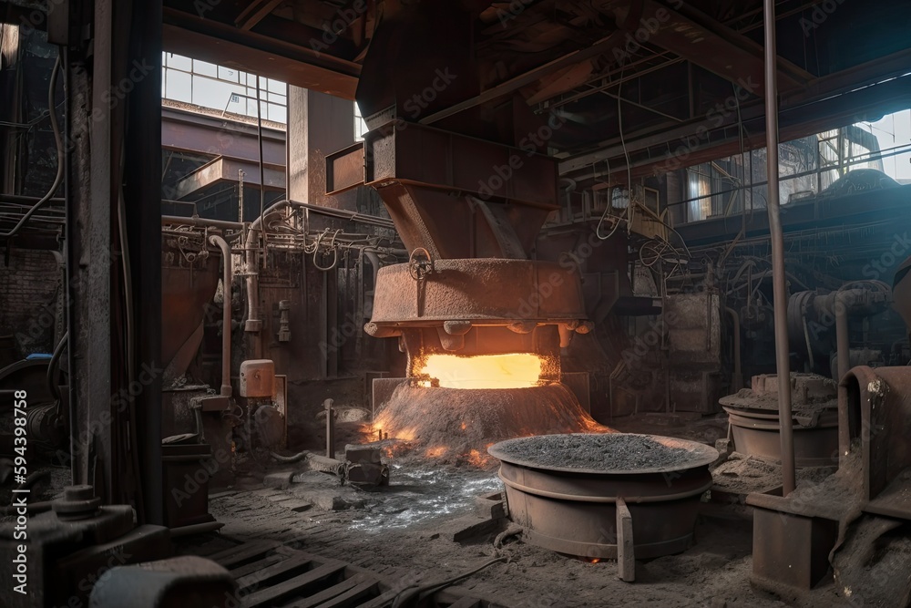 smelting furnace, with molten metal pouring from the blast furnace into ...
