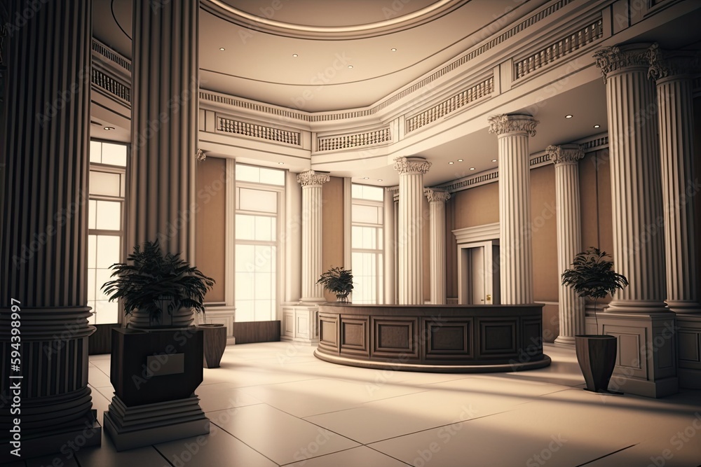 empty luxury hotel reception desk, with the view of empty lobby and ...