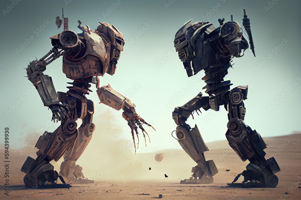 two robots, one with its head and arms torn off, face each other in ...