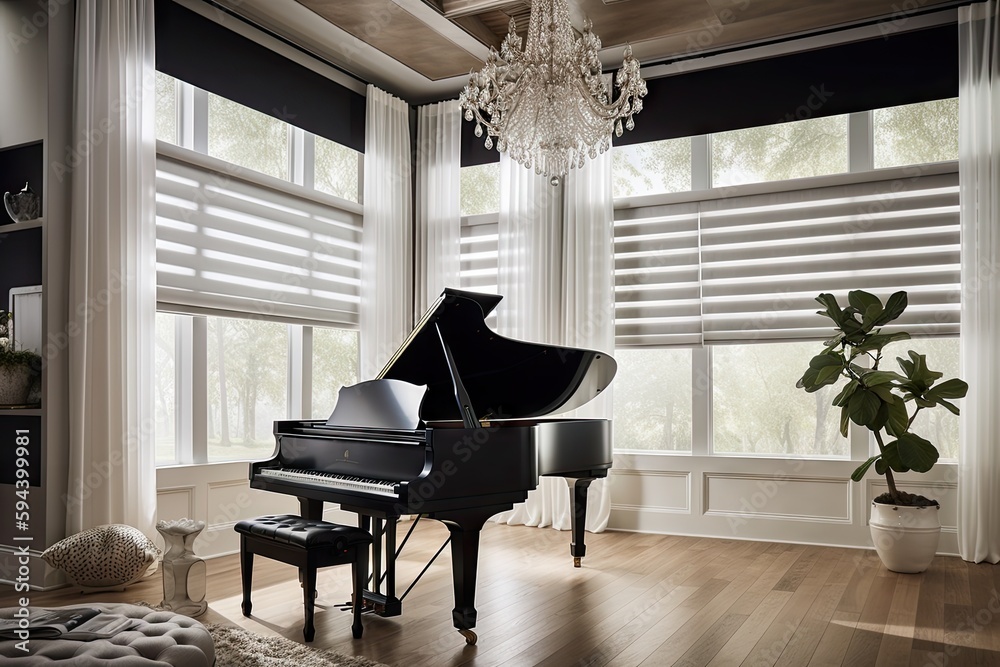 grand piano in living room with window treatment and shades that match ...