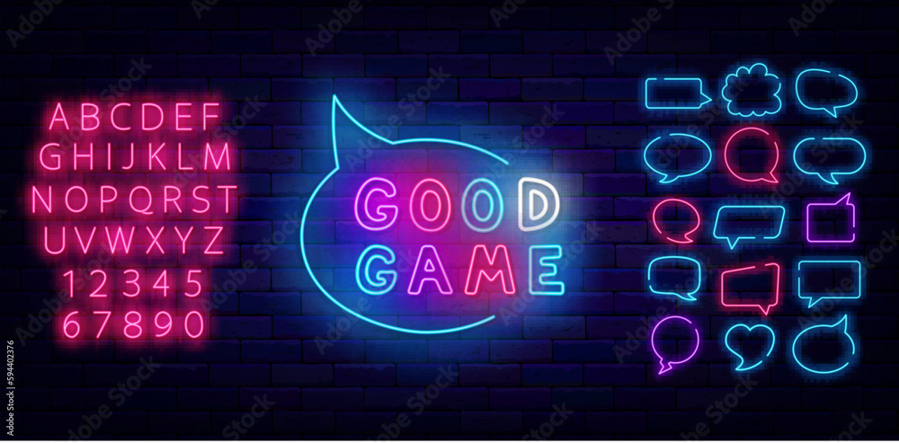 Good game neon sign. Colorful handwritten text. Speech bubbles frames ...