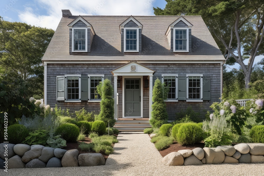 cape cod house with gabled roof and window boxes on exterior, created ...