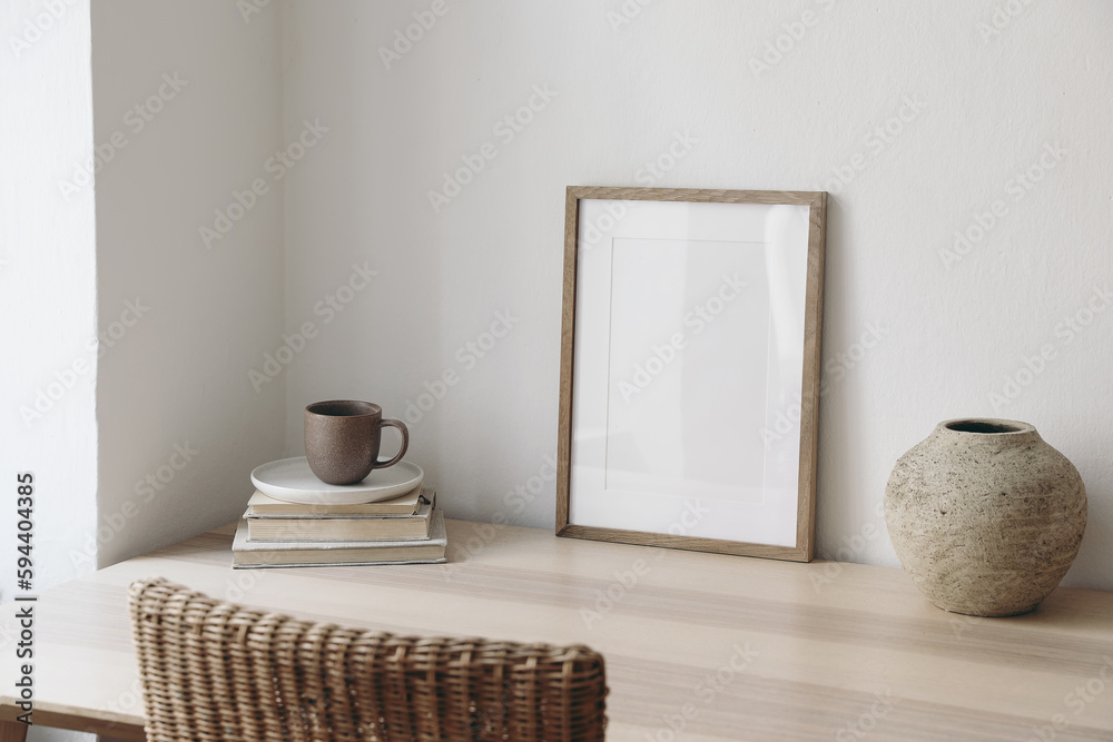 Empty picture frame mockup in boho modern minimalist interior. Wooden ...