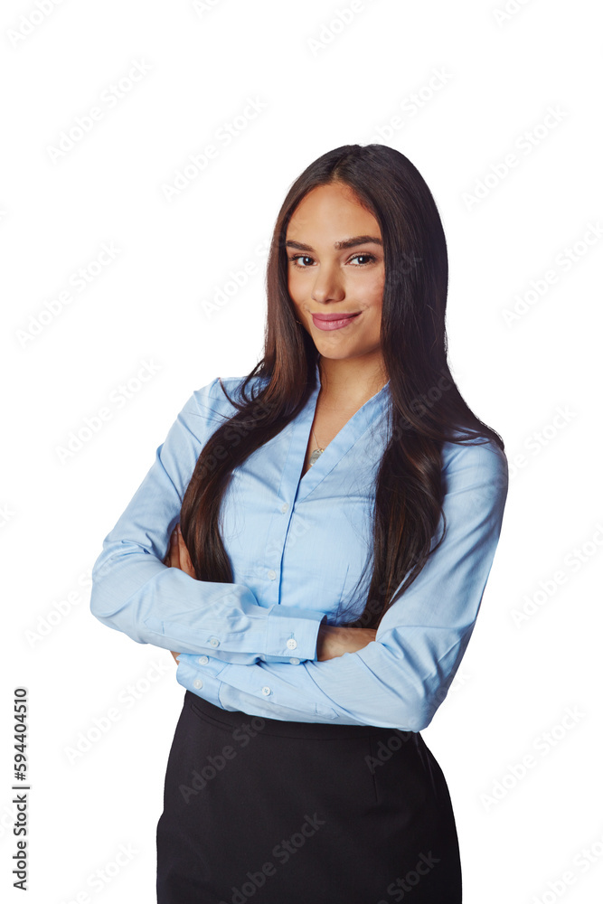 Portrait, smile and business woman with arms crossed isolated on a ...