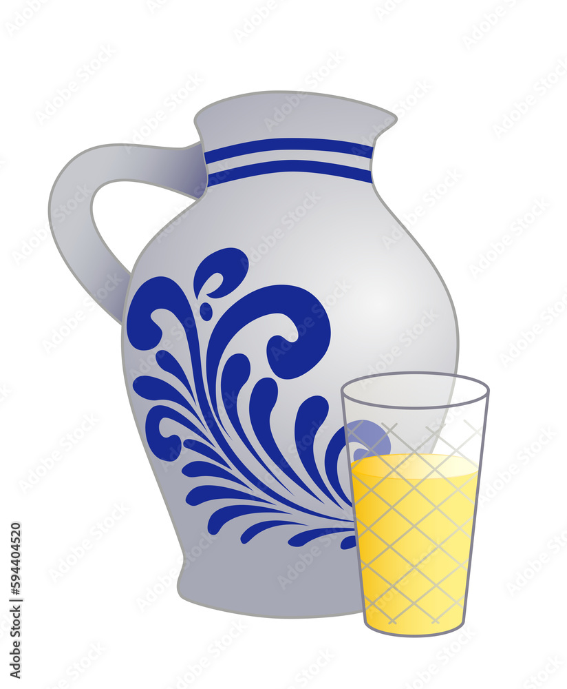 Apfelwein Bembel und Geripptes Apfelwein Glas, Tonkrug aus Hessen mit ...