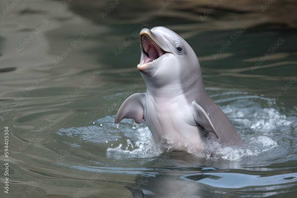 baby dolphin jumping out of the water, with its tail flapping and mouth ...