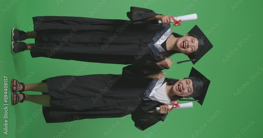 Full Body Of Asian Woman Students Graduate In Caps And Gowns Smiling ...