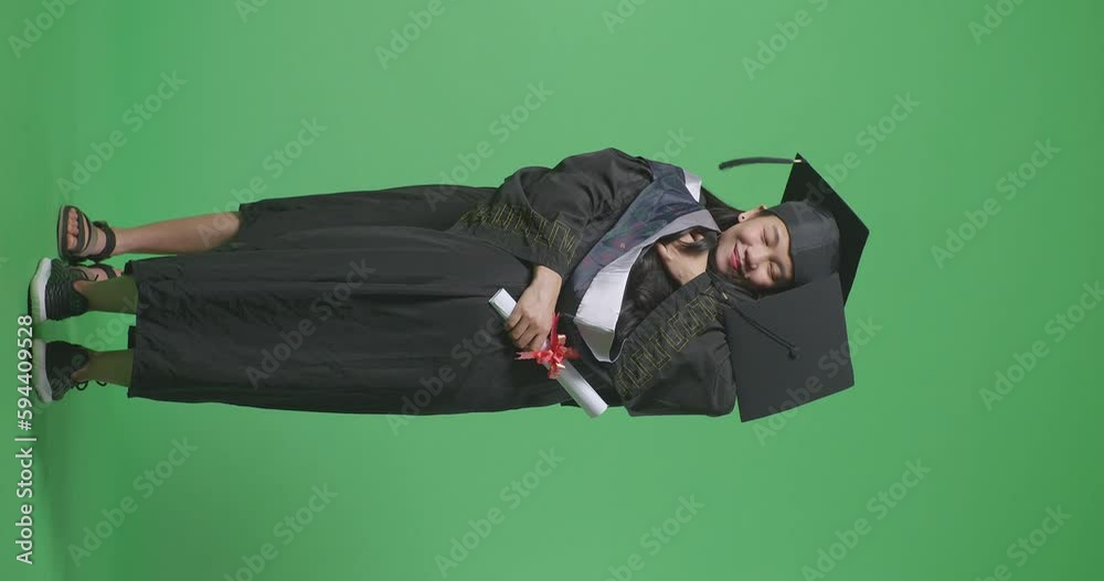 Full Body Of Asian Woman Students Graduate In Caps And Gowns With ...