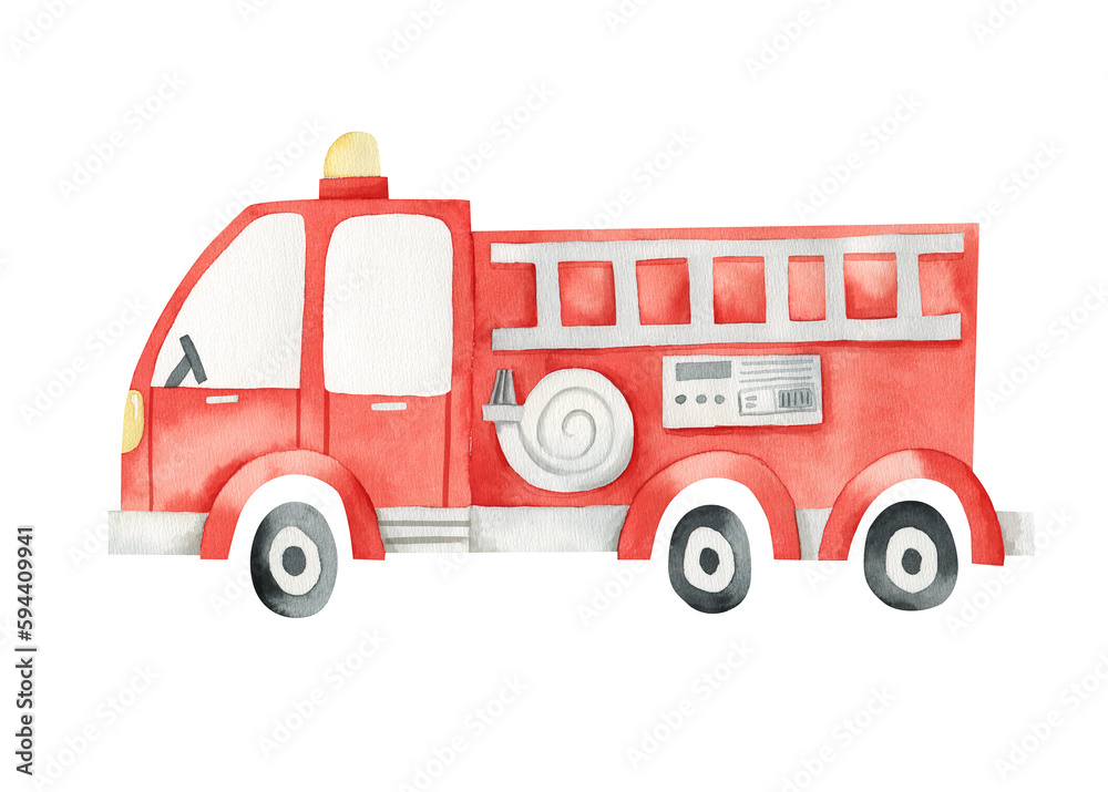 Red fire truck in cartoon style. Watercolor hand-drawn illustration of ...