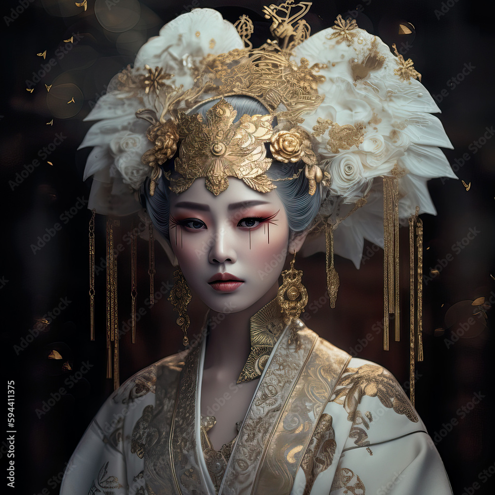 Geisha in Elaborate Hairstyle and Makeup in Traditional Style ...