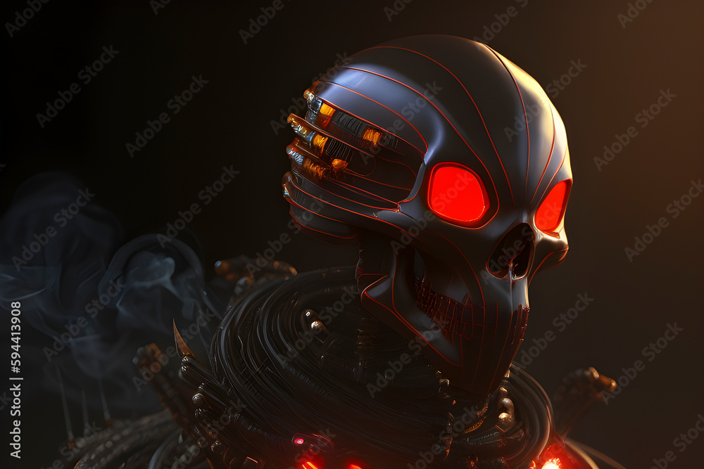 Scary red-eyed skull of a dark robot with smoke on a black background ...