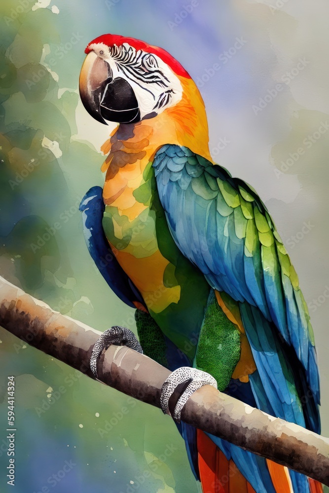 Digital watercolor painting of macaw parrot in a tropical rainforest on ...