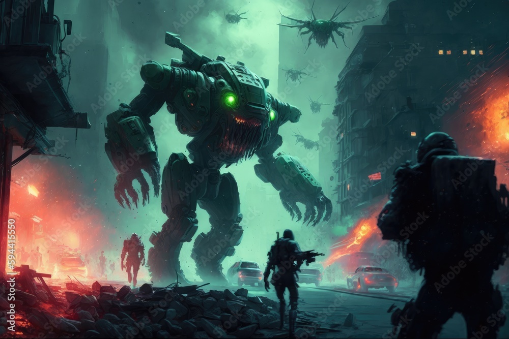 urban warfare, with alien blaster and army of soldiers battling against ...