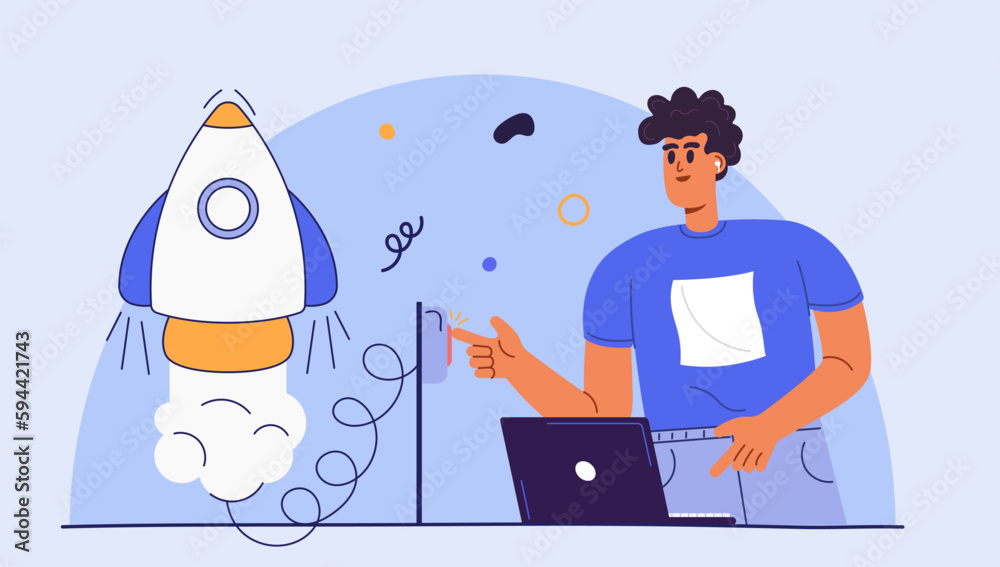 Startup rocket launch modern flat concept. Young man push on button and ...