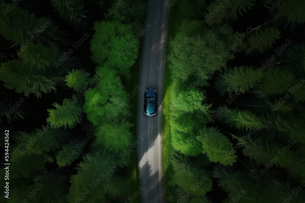 Spectacular aerial view of a red car driving on a winding road through ...