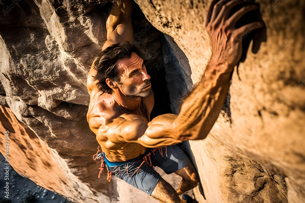 Muscular strong male athlete climbs a steep cliff, rock climbing sport ...
