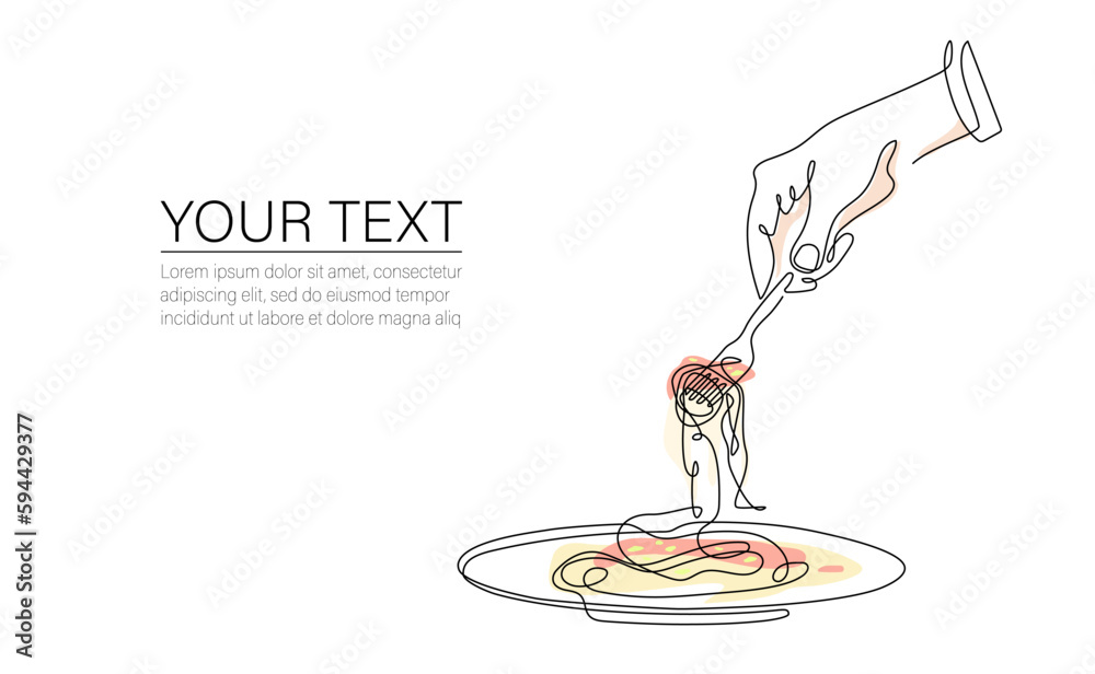 One continuous line drawing of hand, fork and pasta with tomato sauce ...