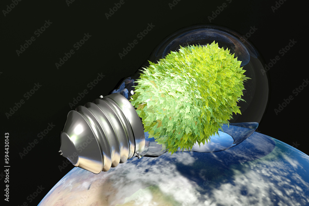 Light bulb and plant. Light bulb with tree inside and globe. Green ...