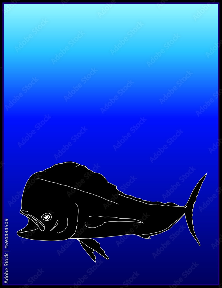 Mahi Mahi fish silhouette with a deep blue sea background and frame ...
