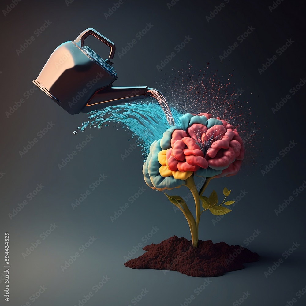 Human brain growing from a flower, watering can is pouring water on the mind, mental health ...