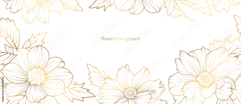 Golden floral border frame card template. Gold line cosmos flower ...