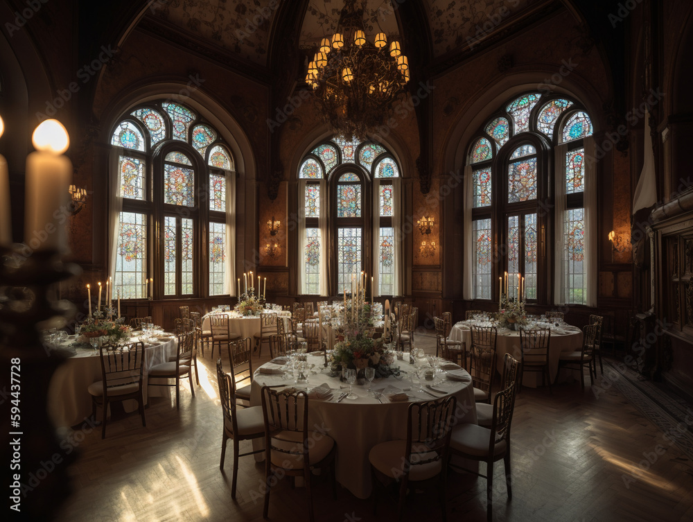 Lavish banquet hall in castle with grand chandelier, glass fixtures ...