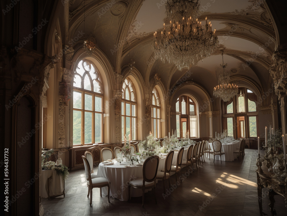 Lavish banquet hall in castle with symmetrical vaulted ceiling, grand ...