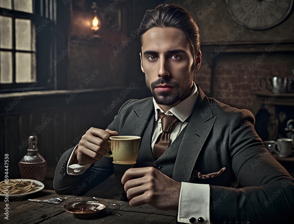 Elegant man wearing a suit drinking coffee in a cafe, a gentleman from ...