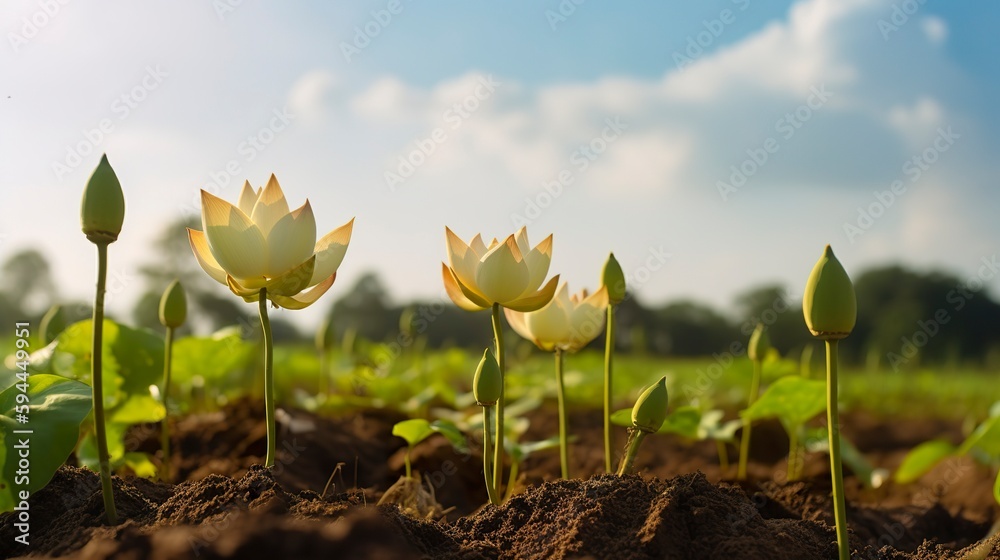 Seeding are growing in the soil with backdrop of the sunlight, generat ...