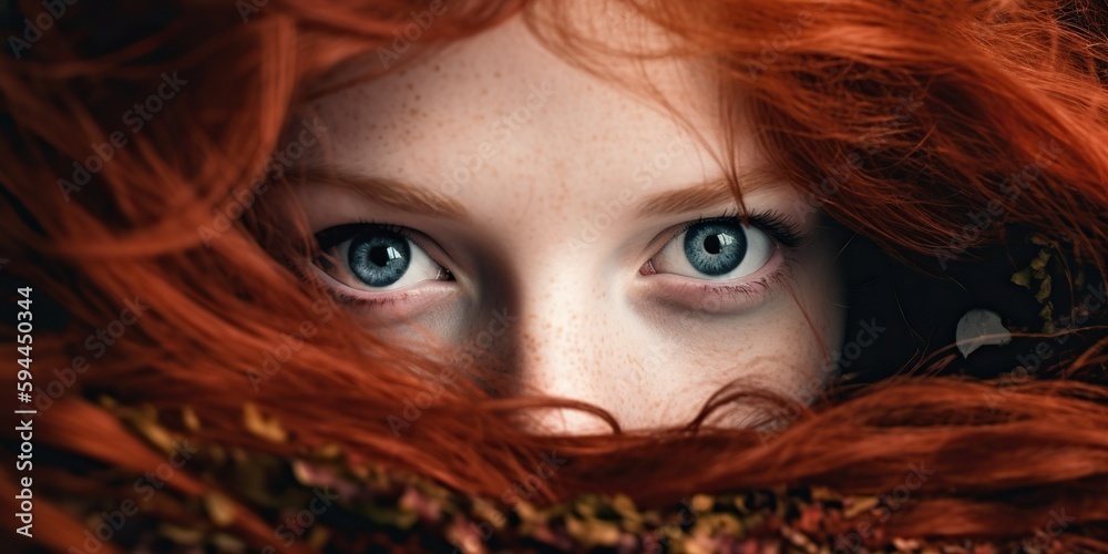 The eye of beautiful girl peeks out from behind pile of red hair on her ...