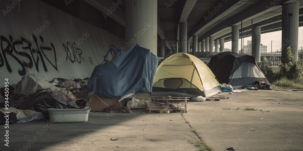 A homeless encampment under a bridge, reflecting the harsh reality of ...