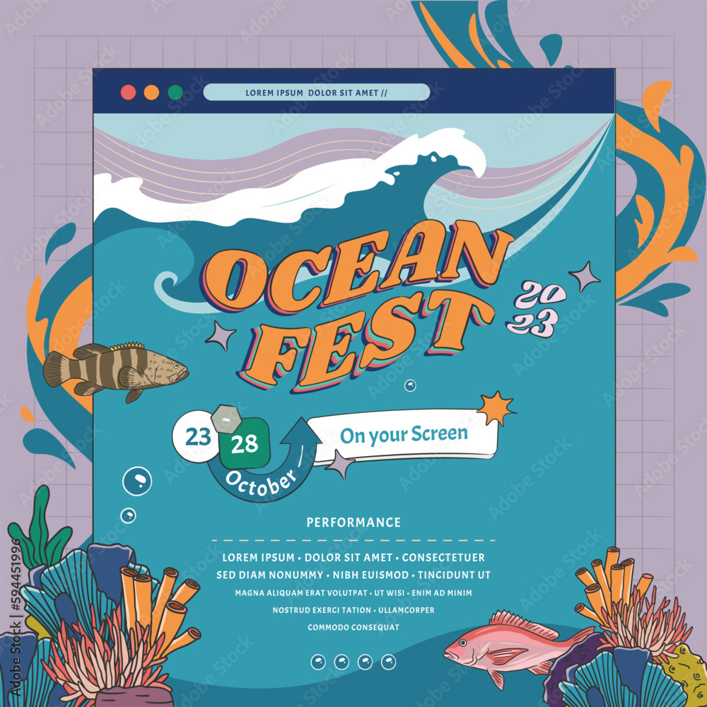 Ocean or marine design template for social media with fish coral and ...