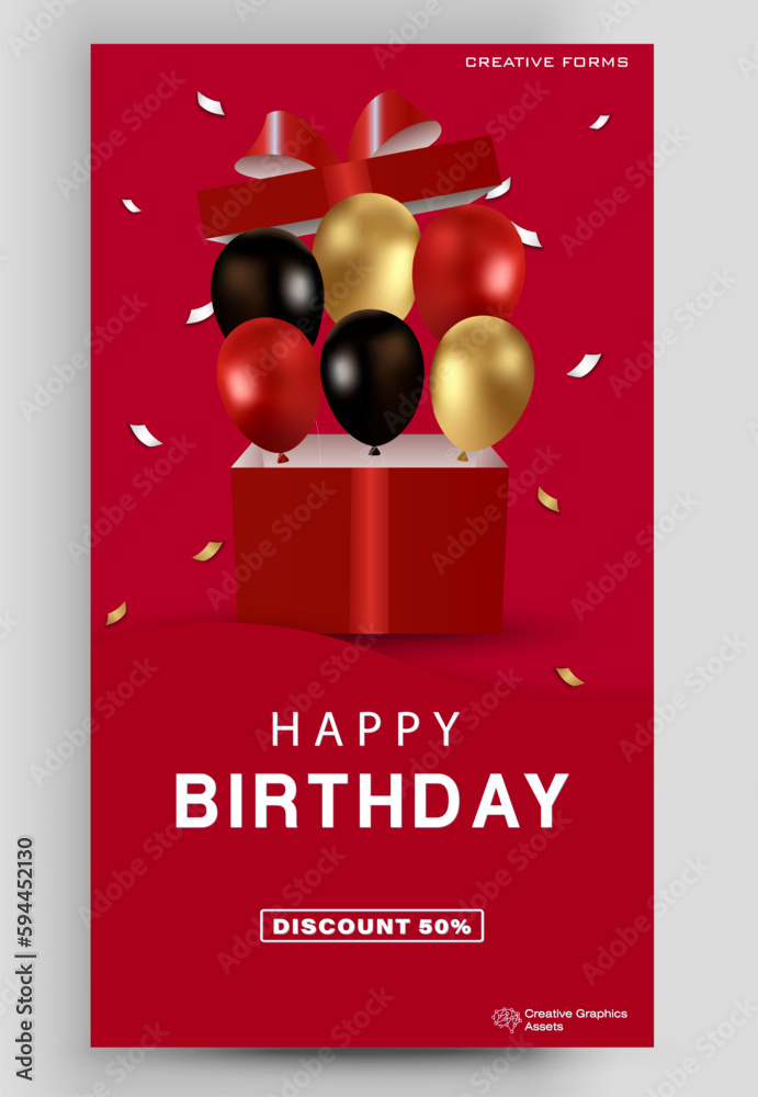 Happy Birthday banner. Festive illustration with gift box, black, gold ...