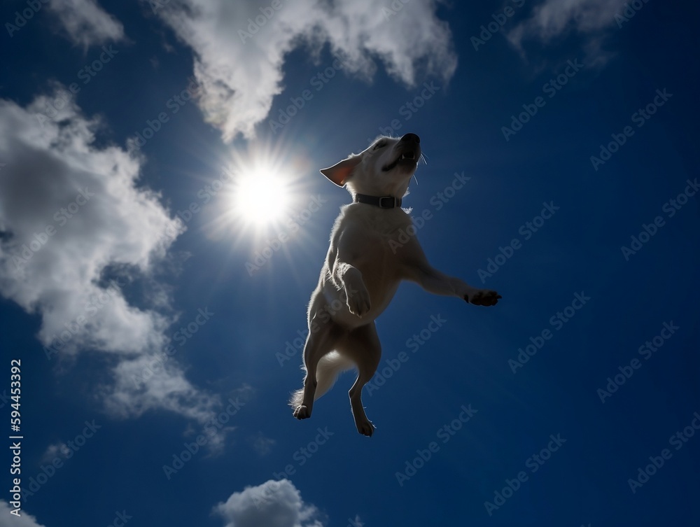 dog flying or jumping in blue sky with fluffy clouds, wingless but bird ...