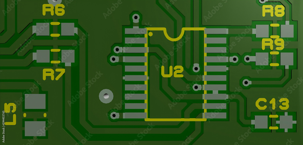 A printed circuit board of an electronic device with components of ...