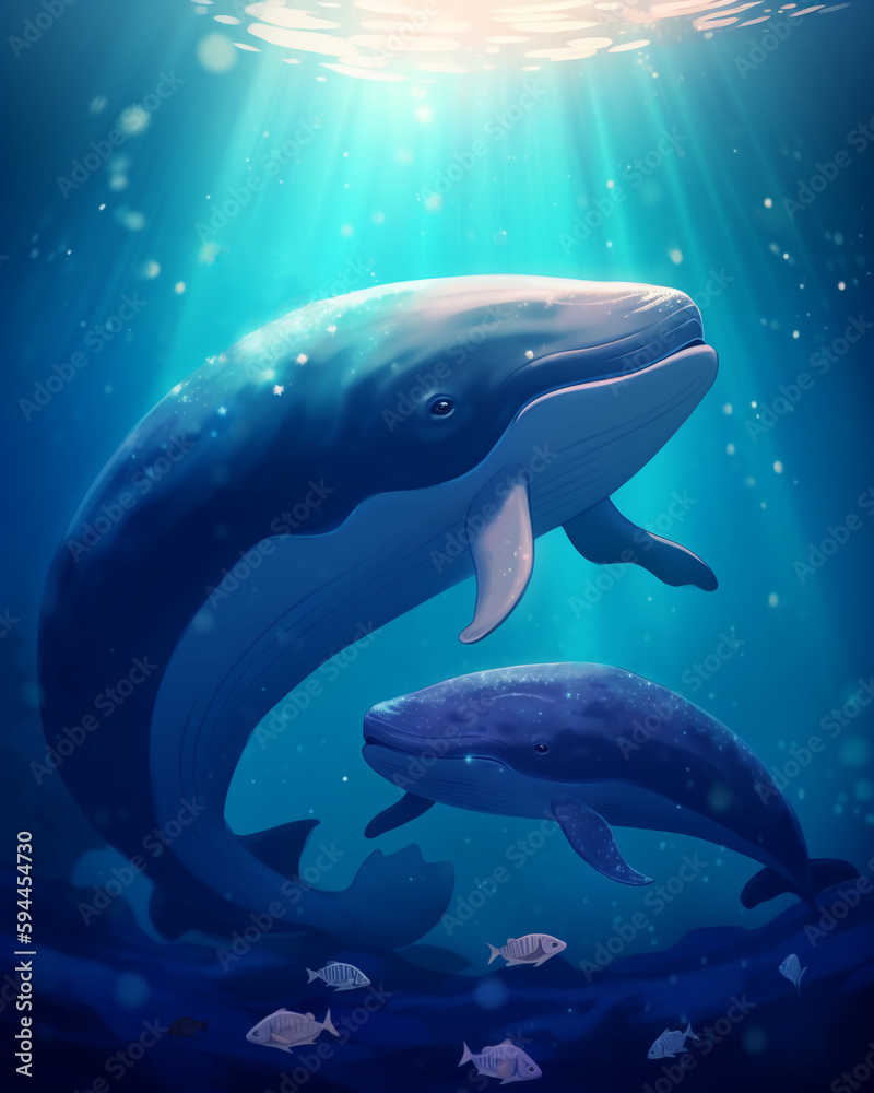 Generative AI, dad whale and baby whale in the open ocean swim ...