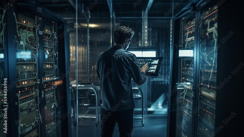 Network engineer working in server room. Datacenter. Generative AI ...
