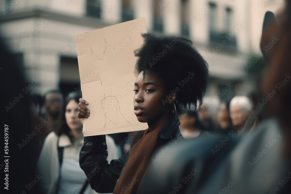 Womans marching in protest with a group of protestors with their fist ...