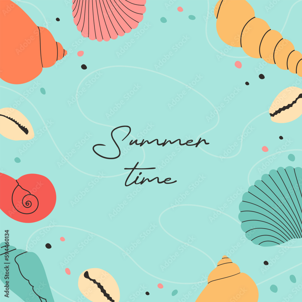 Summer modern background with hand draw colorful seashells, starfish ...