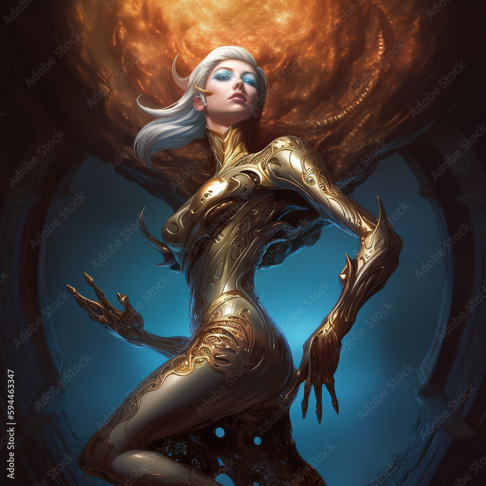 Beautiful alien girl, alien princess wearing golden armor, Fantasy creation. Generative AI ...