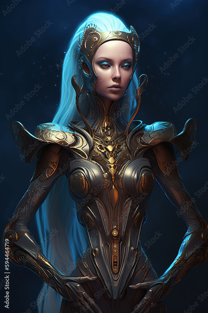 Beautiful alien girl, alien princess wearing golden armor, Fantasy creation. Generative AI ...