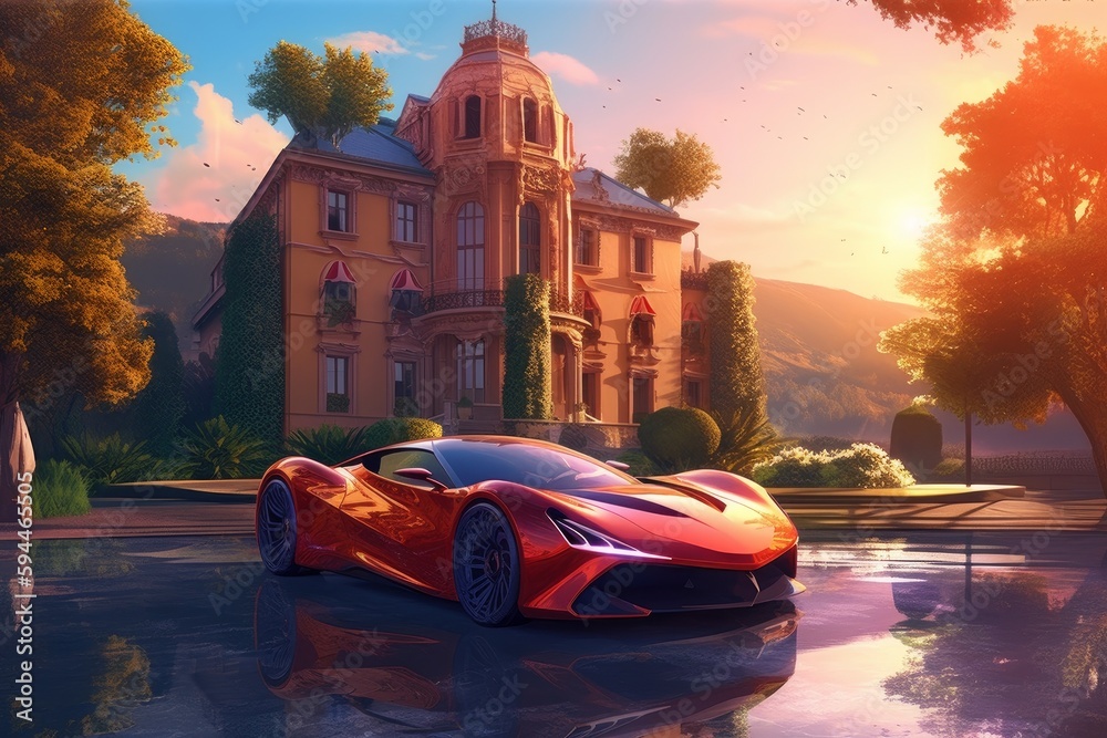Red Sports Car in a Luxe Mansion's Driveway with Stunning Sunset: An ...