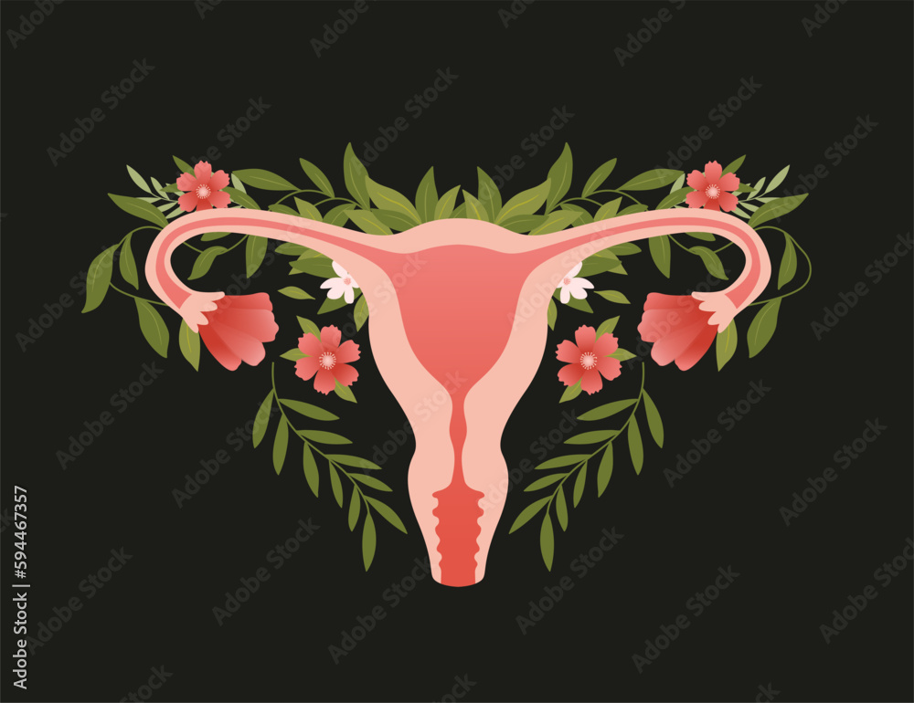 Female reproductive system with floral background. Women's health flat ...