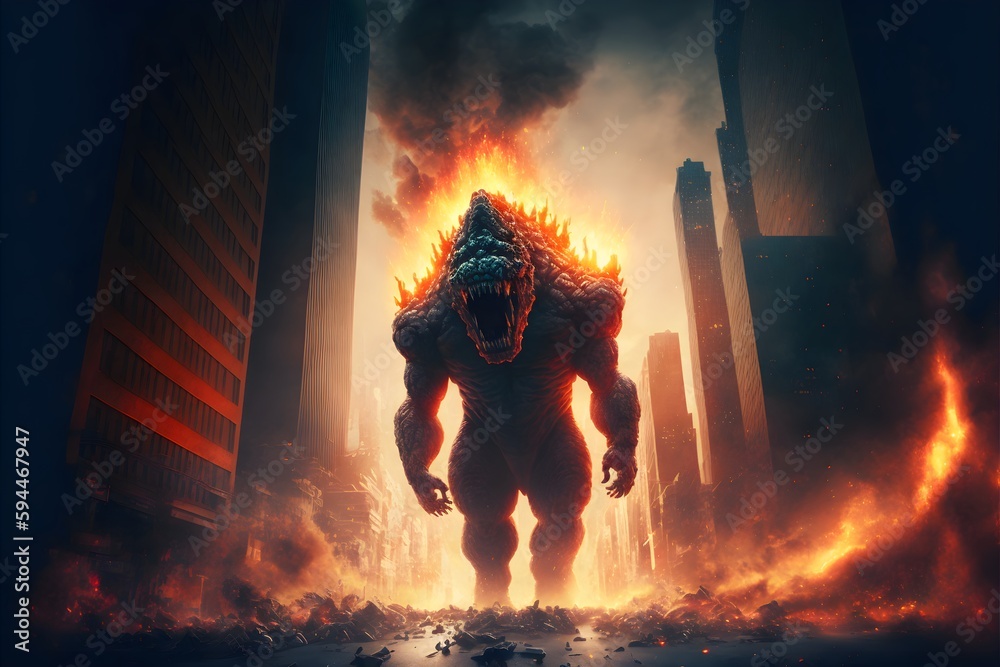 Giant kaiju beast destroying a modern city dense buildings Godzilla ...