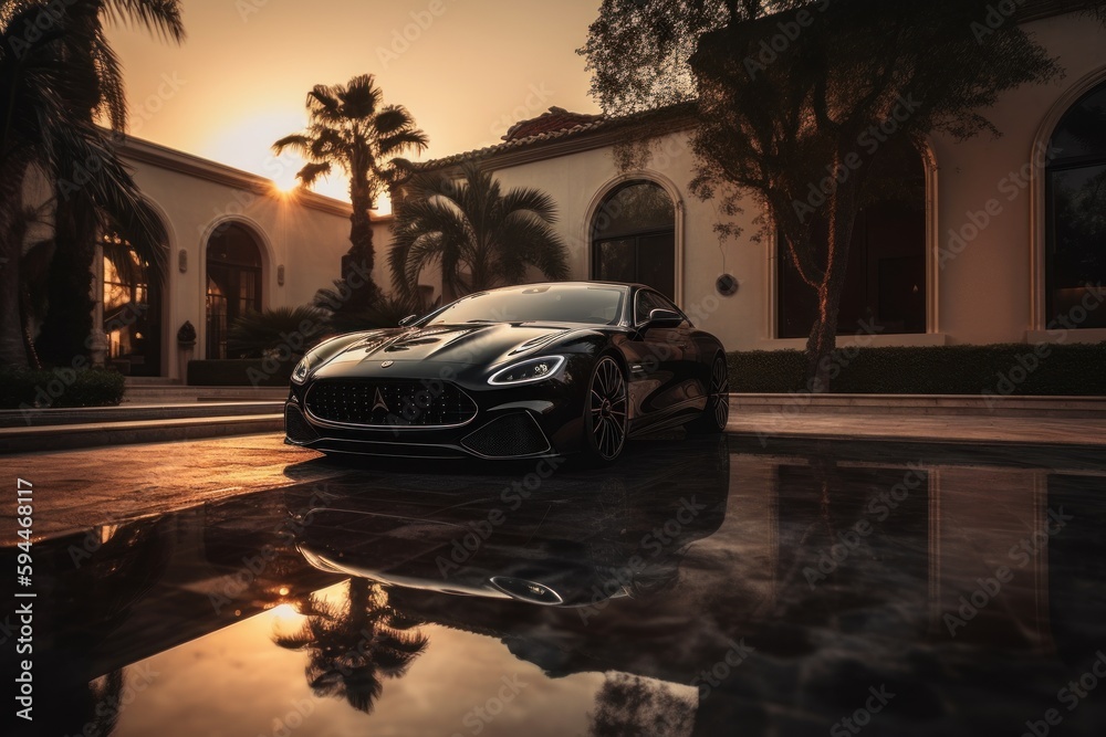 Vintage Automobile at Night: A High-End Luxury Car Parked in a Palatial ...