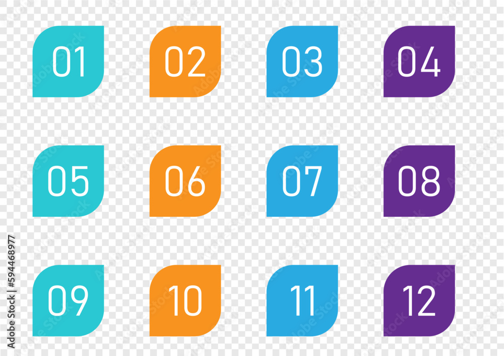 Number bullet points. Shape pins with number 1 to 12 color object ...
