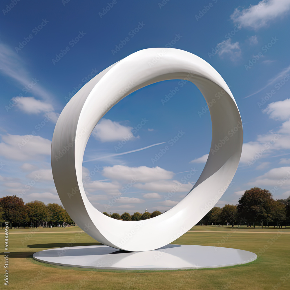 White circle monument on grass under blue sky on summer day. Mobius ...