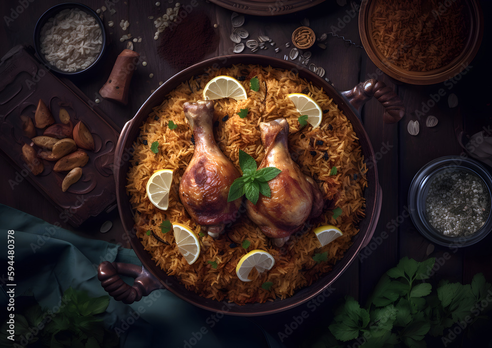 Chicken Kabsa Homemade Arabian biryani overhead view, Generative AI ...