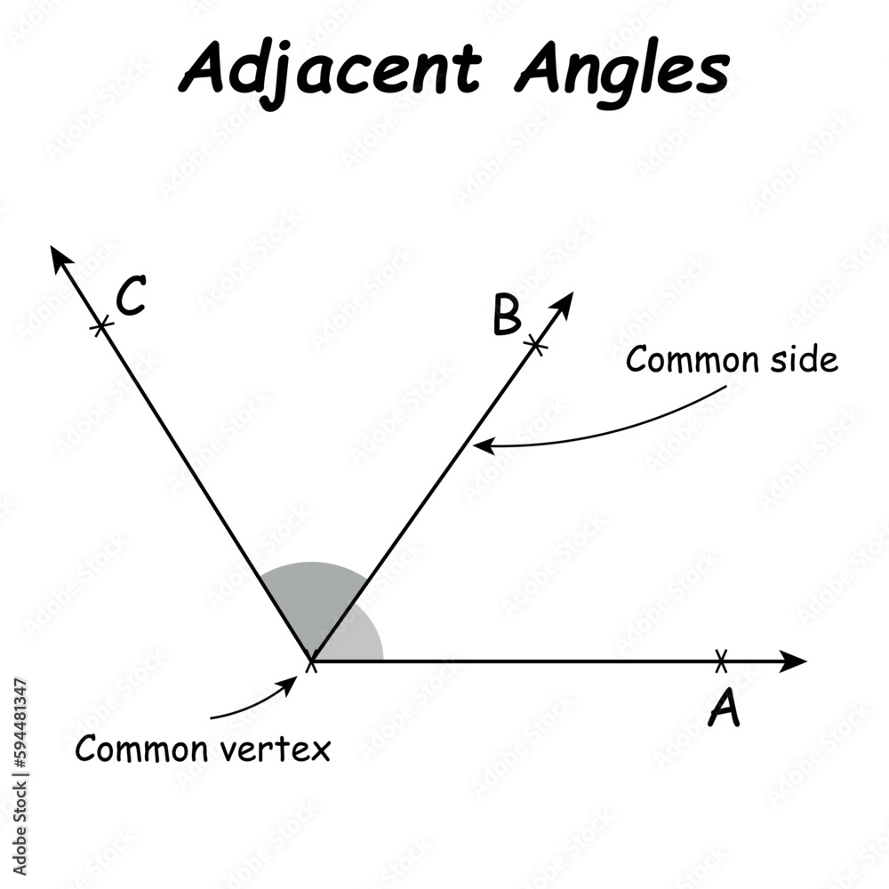 Adjacent angles in mathematics. Two angles with common vertex and side ...